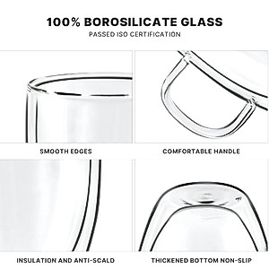 YUNCANG Double Wall Glass Coffee mugs, (4-Pcak) 16 Ounces-Clear Glass Coffee Cups with Handle,Insulated Coffee Glass,Cappuccino Cups,Tea Cups,Latte Cups,Beverage Glasses Heat Resistant