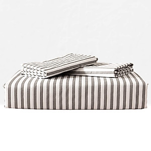 JELLYMONI 4-Piece Striped Cotton Sheet Set | Ultra-Soft, Brushed Bedding Sheets & Pillowcases | Wrinkle Free, Comfortable, All-Season Bed Sheets(Grey,Queen)
