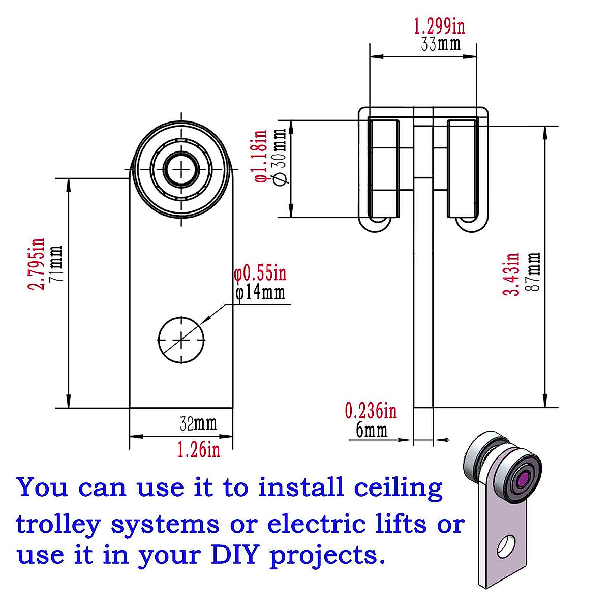 2 Wheel Trolley Assembly Rollers Two Bearing Trolley Assembly for 1-5/8" Wide and All 1-5/8" or Taller Strut Channel…