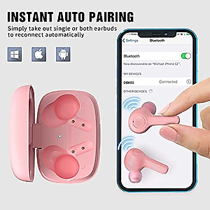 Lanteso True Wireless Earbuds, TWS Bluetooth Earbuds with Mics Noise Reduction Touch Control Bluetooth Headphones with Bass Sound in Ear Earphones for Music,Home Office… (Pink)