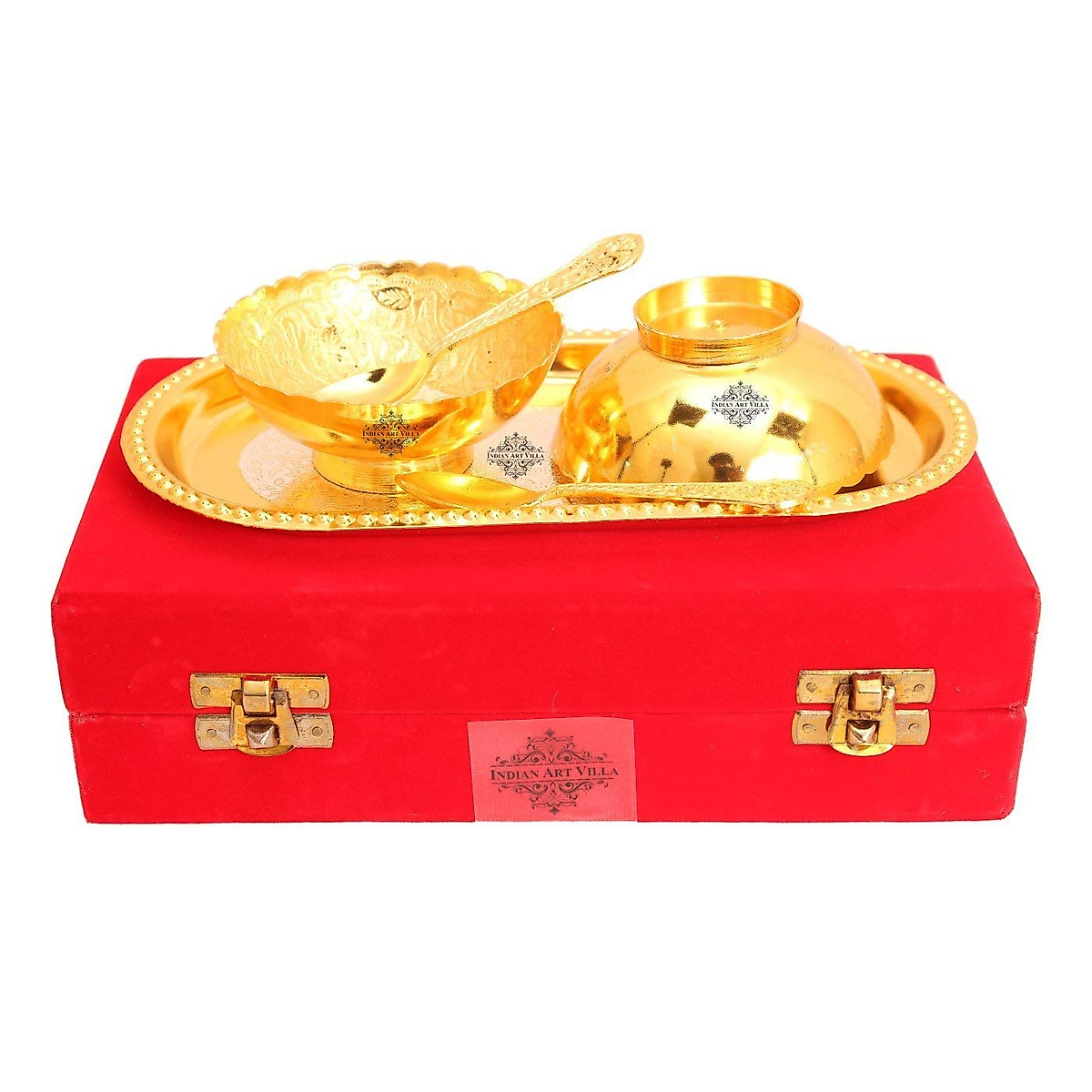 Indian Art Villa Silver Plated Gold Polished Bowl Set with Spoon Tray, Diwali Gift Item