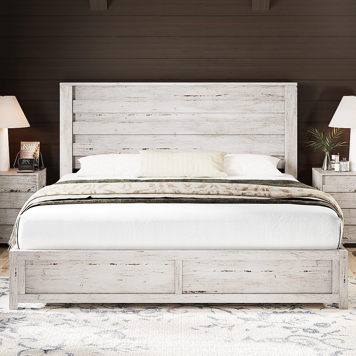 AMERLIFE Farmhouse Queen Size Bed Frame with 49" Fluted Headboard, Platform Bed with Natural Wood Grain, No Box Spring Needed/Noise Free, Distressed White