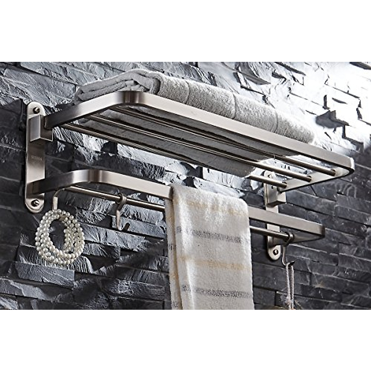 ELLO&ALLO Stainless Steel Towel Racks for Bathroom Shelf Double Towel Bar Holder with Hooks Wall Mounted Multifunctional Foldable Brushed Nickel