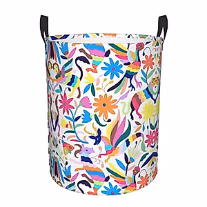 Mexican Otomi Animals Print Laundry Basket Waterproof Oxford Collapsible,Circular Laundry Hamper With Handles