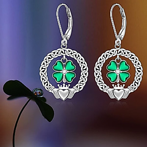 St Patricks Day Shamrock Earrings for Women Sterling Silver Four Leaf Clover Earrings Celtic Claddagh Irish Shamrock Dangle Green Lucky Jewelry Valentine Gifts