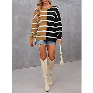 MEROKEETY Women's Fall Striped Oversized Pullover Sweaters 2024 Long Sleeve Color Block Casual Knit Tops, Brown, Large