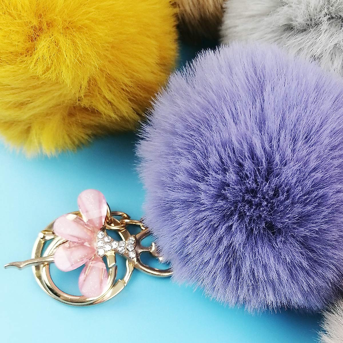 CIEOVO 18 Pieces Pom Poms Keychains Fluffy Pompoms Keyring With Dancing Girl Keychain for Girls Bag Craft