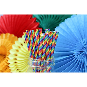 Just Artifacts Premium Disposable Drinking Striped Paper Straws (100pcs, Rainbow Pride)