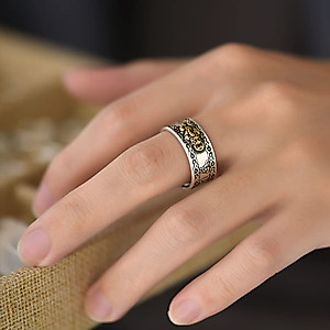 Feng Shui Pixiu Mantra Ring Buddhist Vintage Ring Adjustable Good Luck Amulet Mantra Double Protection Wealth Love Health Ring Gift for Men Women (A)