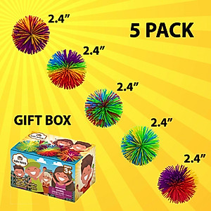 Fun Toy Stringy Balls Game Set of 5 Bundle Gift Box Bulk Relief Relax Fidget Play Squeeze Sensory Rainbow Splat Ball Monkey Toy Pom Pom Stress Ball Games for Kids Children Adults Office and Home