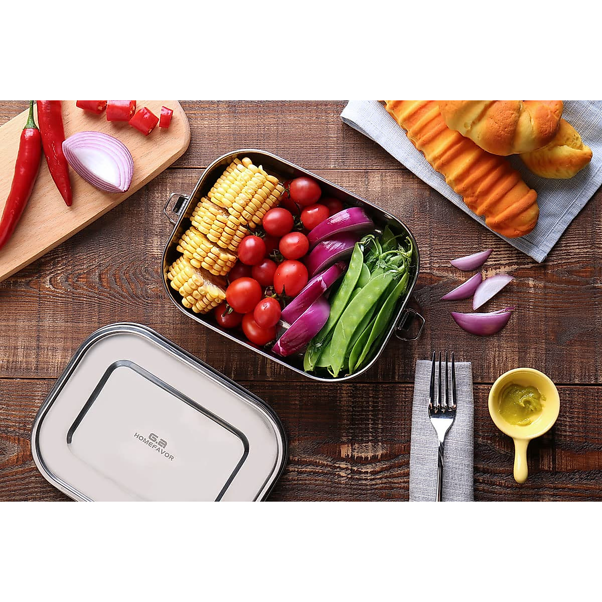 G.a HOMEFAVOR Stainless Steel Bento Lunch Box Container with Lock Clips Design, 1200ML Metal Lunch Box Containers - Dishwasher Safe - Stainless Lid - Leak Proof (No Compartments)