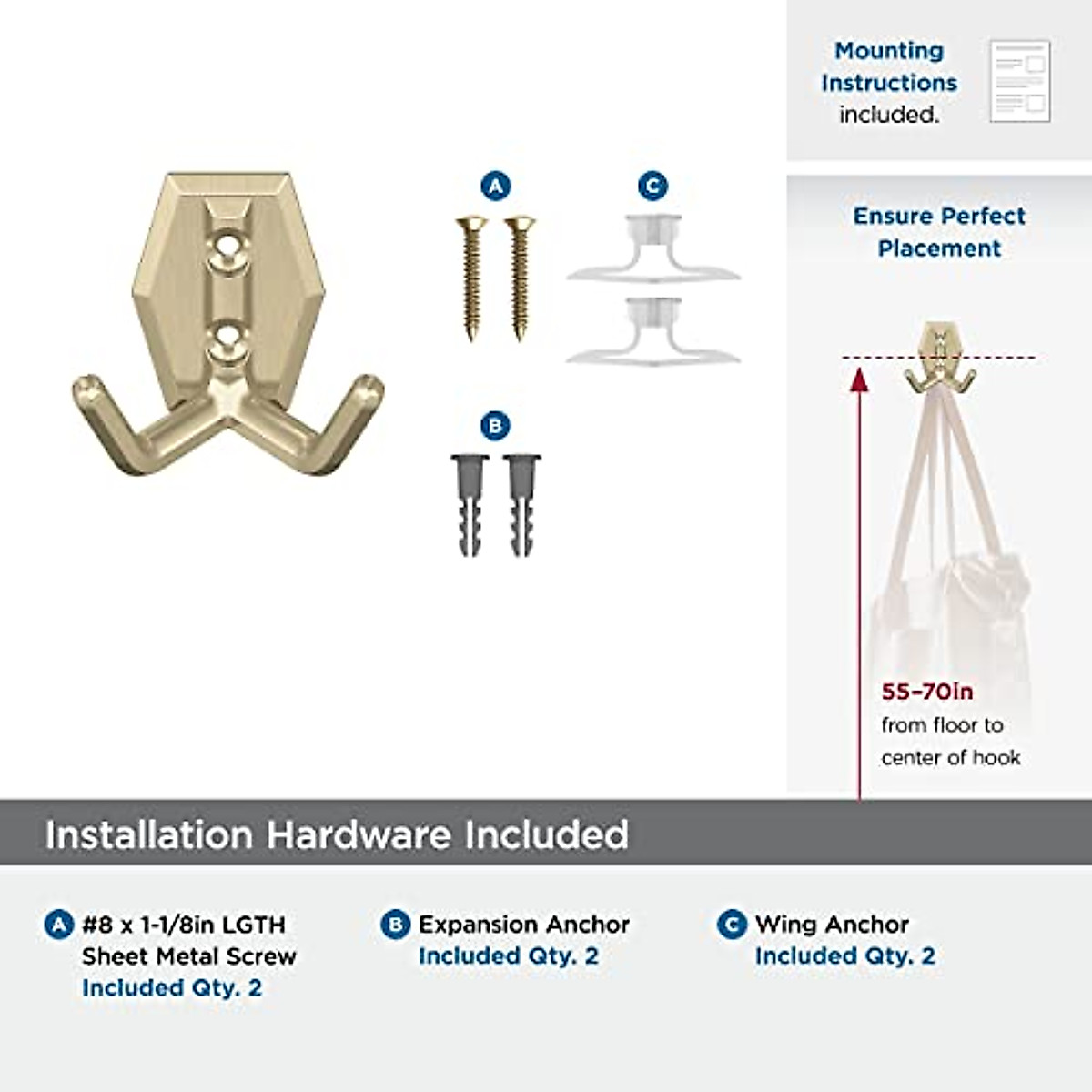 Amerock H37008BBZ | Benton Double Prong Decorative Wall Hook | Golden Champagne Hook for Coats, Hats, Backpacks, Bags | Hooks for Bathroom, Bedroom, Closet, Entryway, Laundry Room, Office