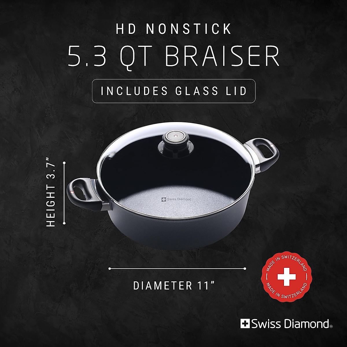 Swiss Diamond 11" (5.3 Qt) Braiser HD Nonstick Diamond Coated Aluminum Braiser, Includes Lid - Dishwasher Safe and Oven Safe Braiser, Grey