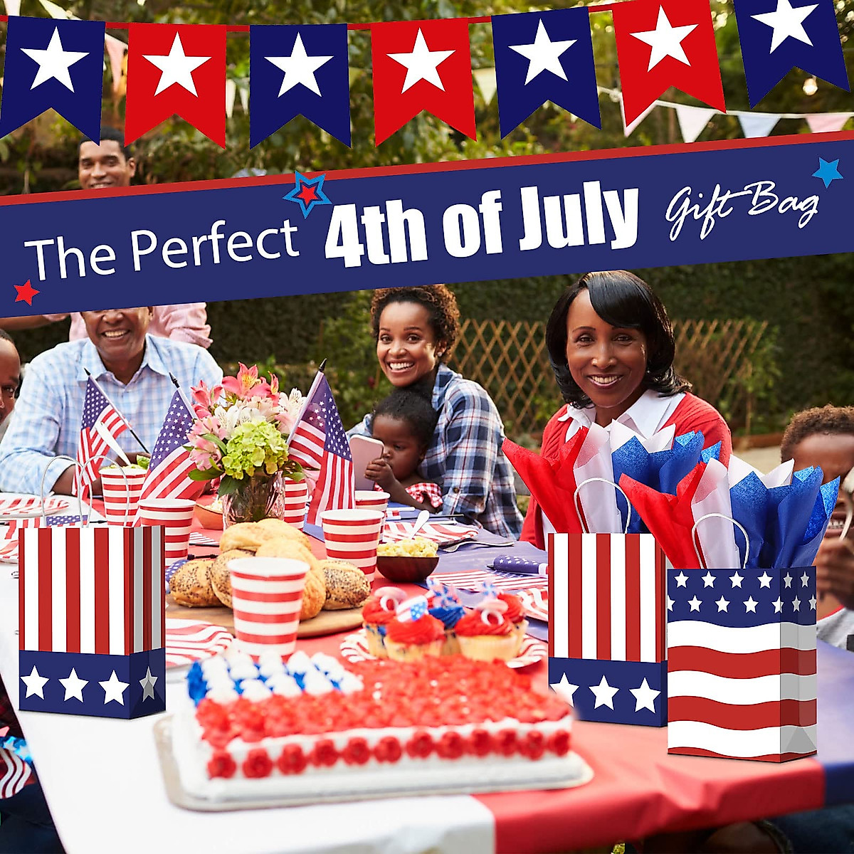16 Pieces Patriotic Gift Bags with Handle with 18 Pcs Tissue Paper 4th of July Gift Bags American Flag USA Gift Bags for Veterans Day Memorial Day Independence Day Party (Cute Style)