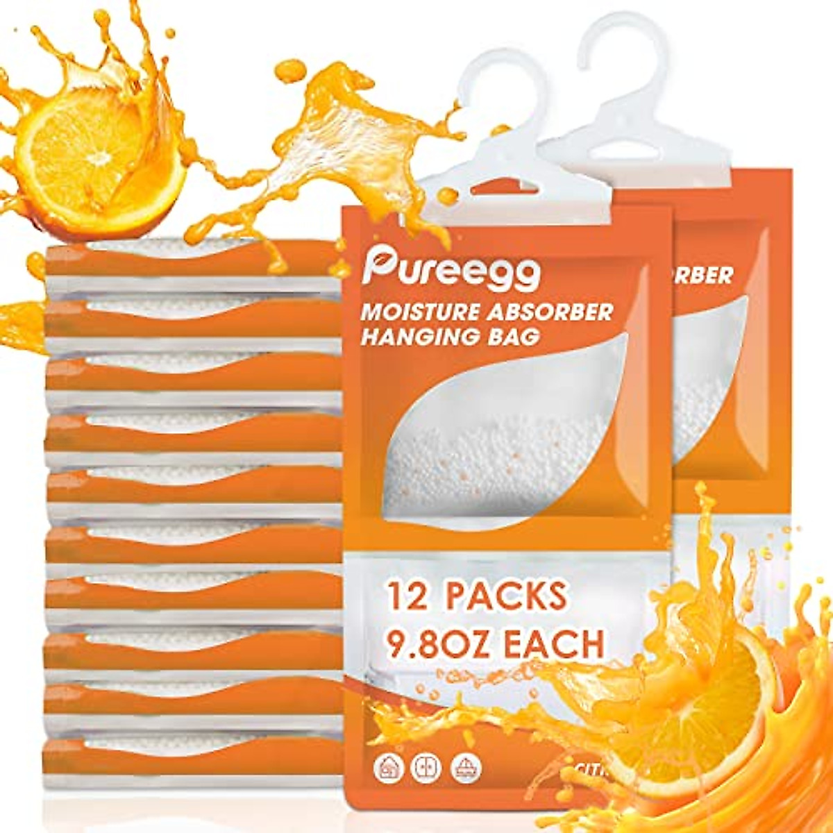 Pureegg Moisture Absorbers Hanging Bag - 12 Packs, Citrus Scent, Odor Absorber for Narrow Spaces, Efficient Humidity Absorber for Kitchens, Basements, Bathrooms, Hanging Closet Odor Eliminator