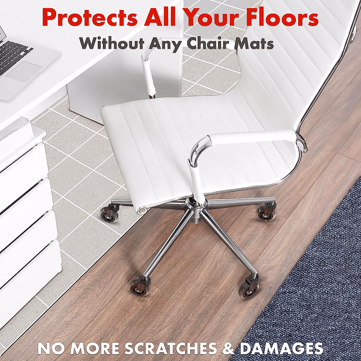 Professional Office Chair Caster Wheels GIFT SET of 5 - PROTECT ALL YOUR FLOORS - 3'' Heavy Duty Replacement Rubber Desk Chair Casters - Best Protection for Your Hardwood Floors
