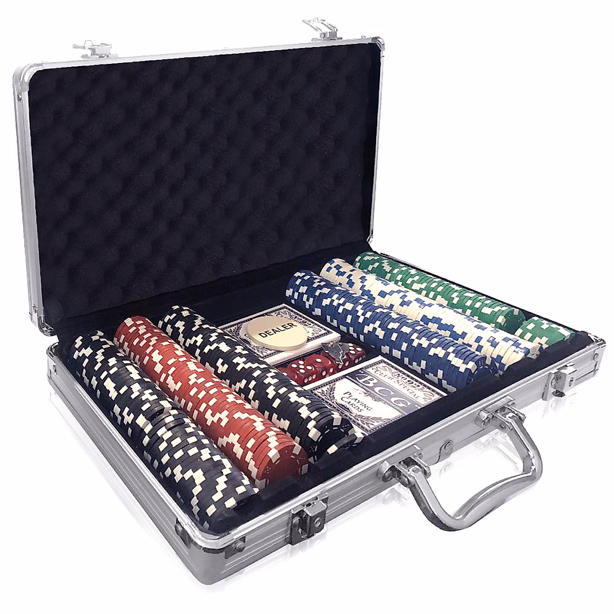 Gamie Poker Set in Aluminum Case, Casino Poker chip Kit with 300 Chips, 2 Decks of Playing Cards, 5 Dice, and 1 Deluxe Case, Fun Game Night Supplies, Best Poker Gifts for Teens and Adults, Black