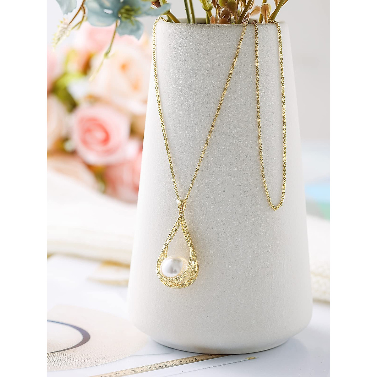 Big Grey Gray Pearl Large Pendant Drop Dangle Simple Prom Formal Necklace for Women Trendy Handmade Hypoallergenic 14K Glod Plated Costume Jewelry (Grey-14K Gold)