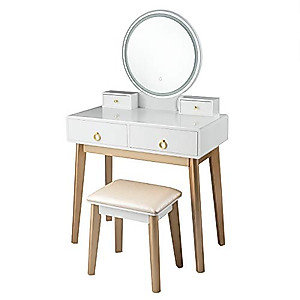 CHARMAID Vanity Set with Touch Screen Dimming Mirror, 3 Color Lighting Modes, Dressing Table with 4 Sliding Drawers, Modern Bedroom Makeup Table and Cushioned Stool Set for Women Girls (White)