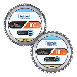 Luckyway 2-Pack 10 Inch Miter/Table Saw Blades 32T&60T with 5/8 Inch Arbor TCT Circular Saw Blade for Cutting Wood