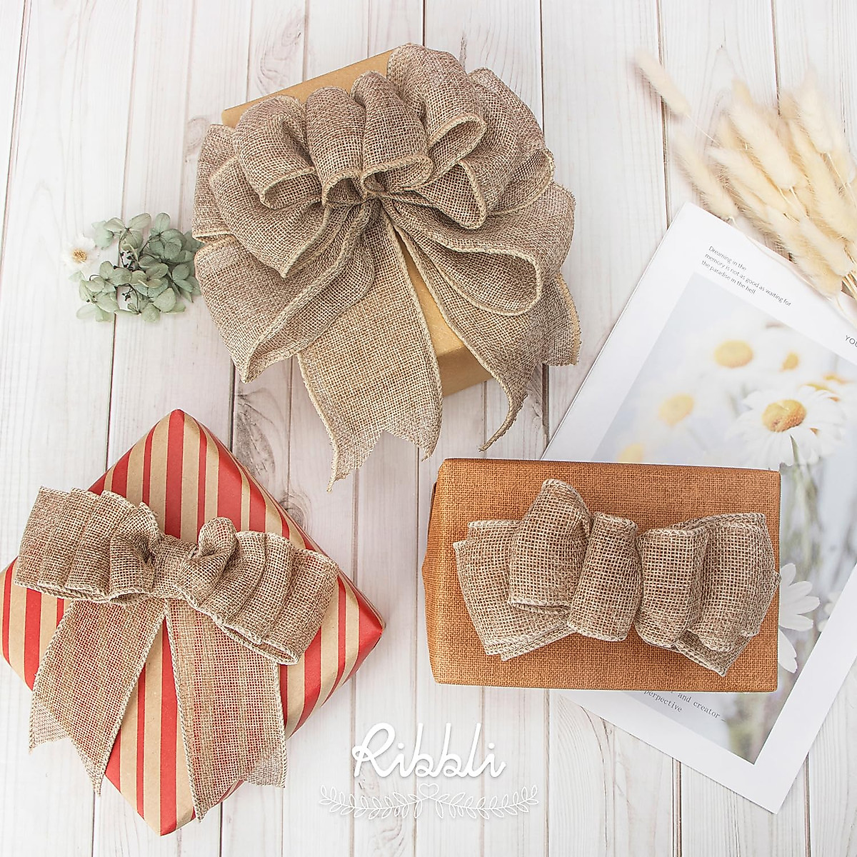 Ribbli Natural Burlap Wired Ribbon,2 Inch x Continuous 10 Yard, Wired Edge Ribbon for Big Bow,Wreath,Tree Decoration,Outdoor Decoration