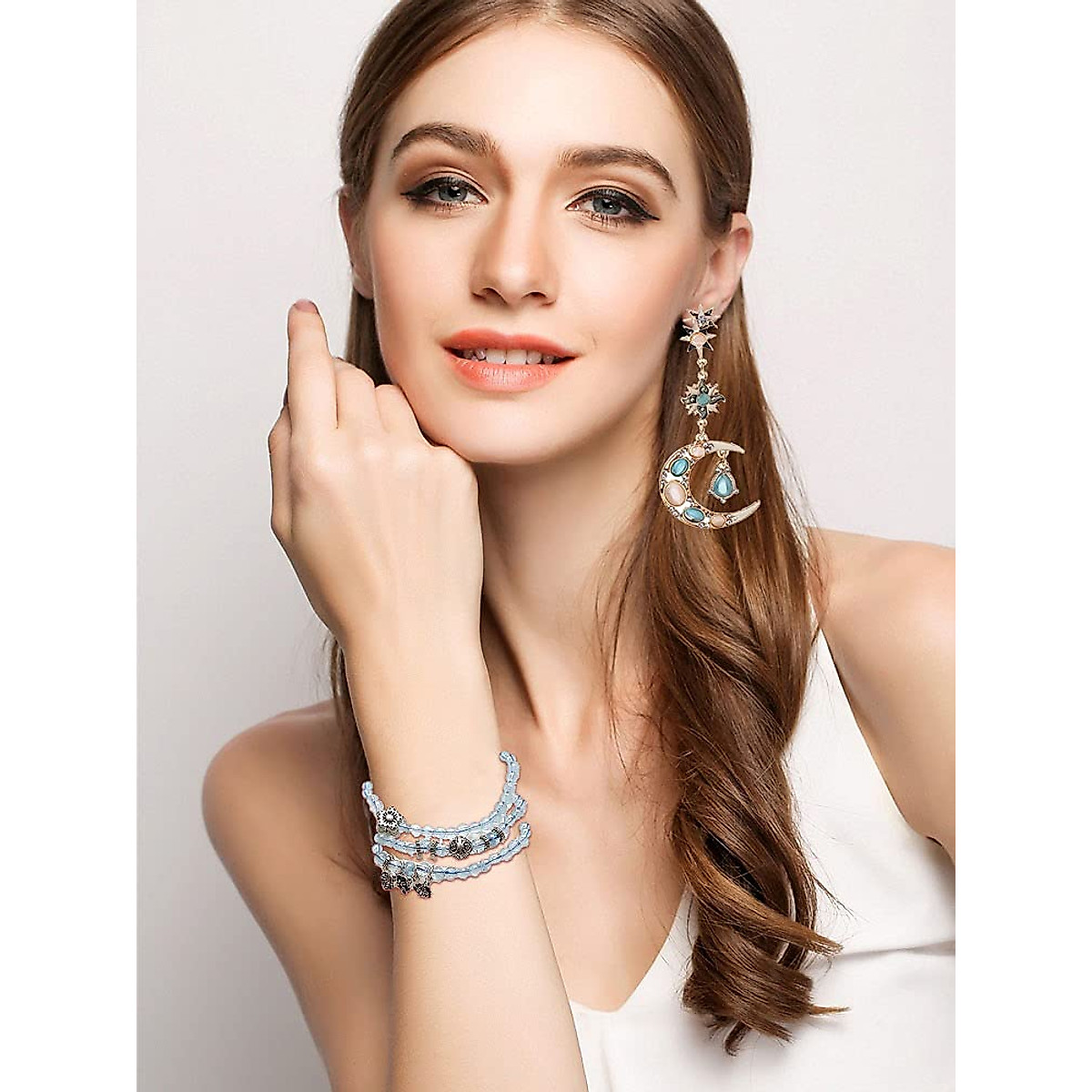 Vintage Opal Sun and Moon Planet Earrings Long Bohemian Tassel Cresent Moon Drop Earring Mother's Day Gift Earrings for Women Girls