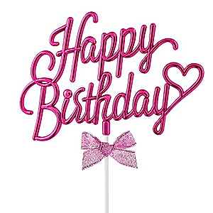 Hot Pink Happy Birthday Cake Topper Plastic - 3D Double Sided Happy Birthday Sign for Cake with Bow, Idea for Birthday Cake Decoration and Birthday Photo Booth Props (HOT PINK)