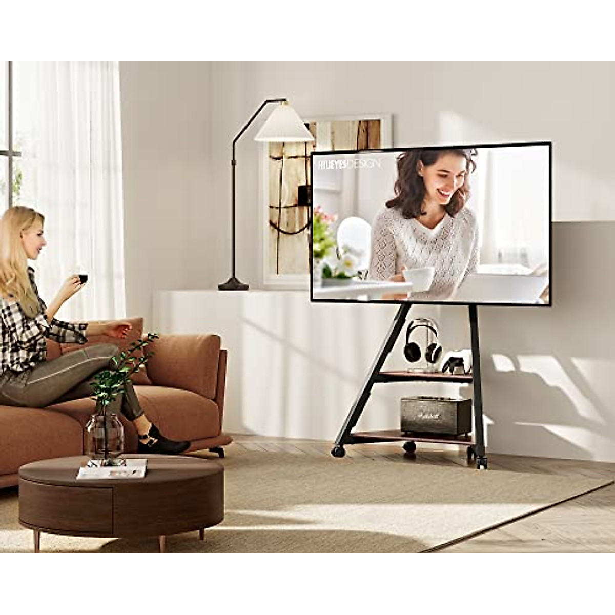 FITUEYES Design Corner TV Stand for 32 37 43 55 65 Inch TV, TV Cart Floor Stand with Mount for LCD/LED Flat Curved Screens, Modern Floor TV Stand with Wooden Storage Shelves, Eiffel Series