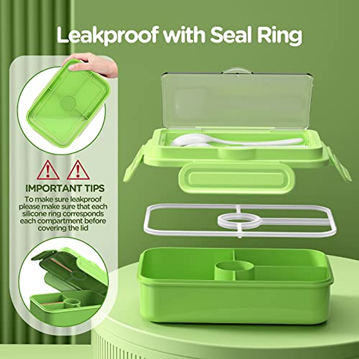 DaCool Kids' Bento Box Toddler Lunch Box for Kids 7.5 Cup 4-Compartment Leakproof with Fork Spoon School Lunch Containers for Meal Snack, Microwave & Dishwasher Safe, BPA Free, Green