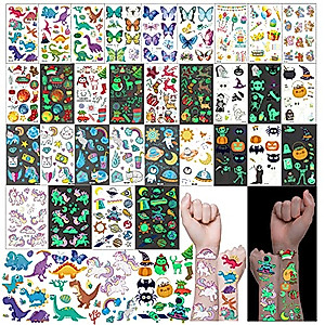 ZQFTZQ Glow In The Dark Temporary Tattoos for Kids,Mixed Style Luminous Temporary Tattoos Stickers Unicorn Butterfly Dinosaur Mermaid Face Temp for Girls Boys Glow Party Supplies Gifts Christmas Toys
