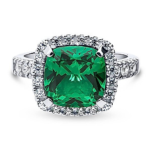 BERRICLE Sterling Silver Halo Green Cushion Cut Cubic Zirconia CZ Statement Cocktail Fashion Ring for Women, Rhodium Plated Size 7