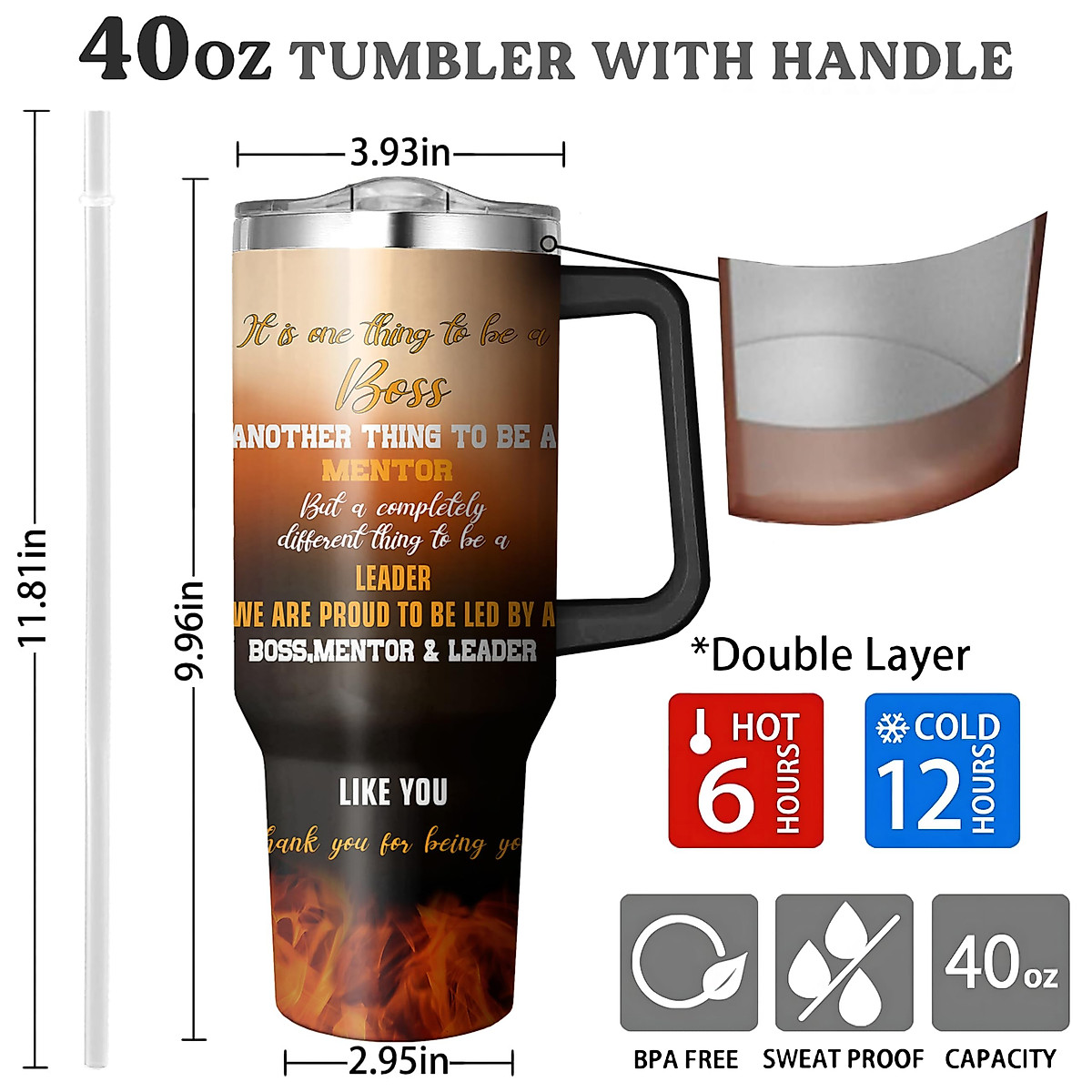 Ksoemar 40 Oz Boss Tumbler with Handle and Straw, Stainless Steel Boss Cup Gift for Men in Bosses Day Cups, Office Gifts Ideas for Bosses Day, Fathers Day, Birthday, Christmas