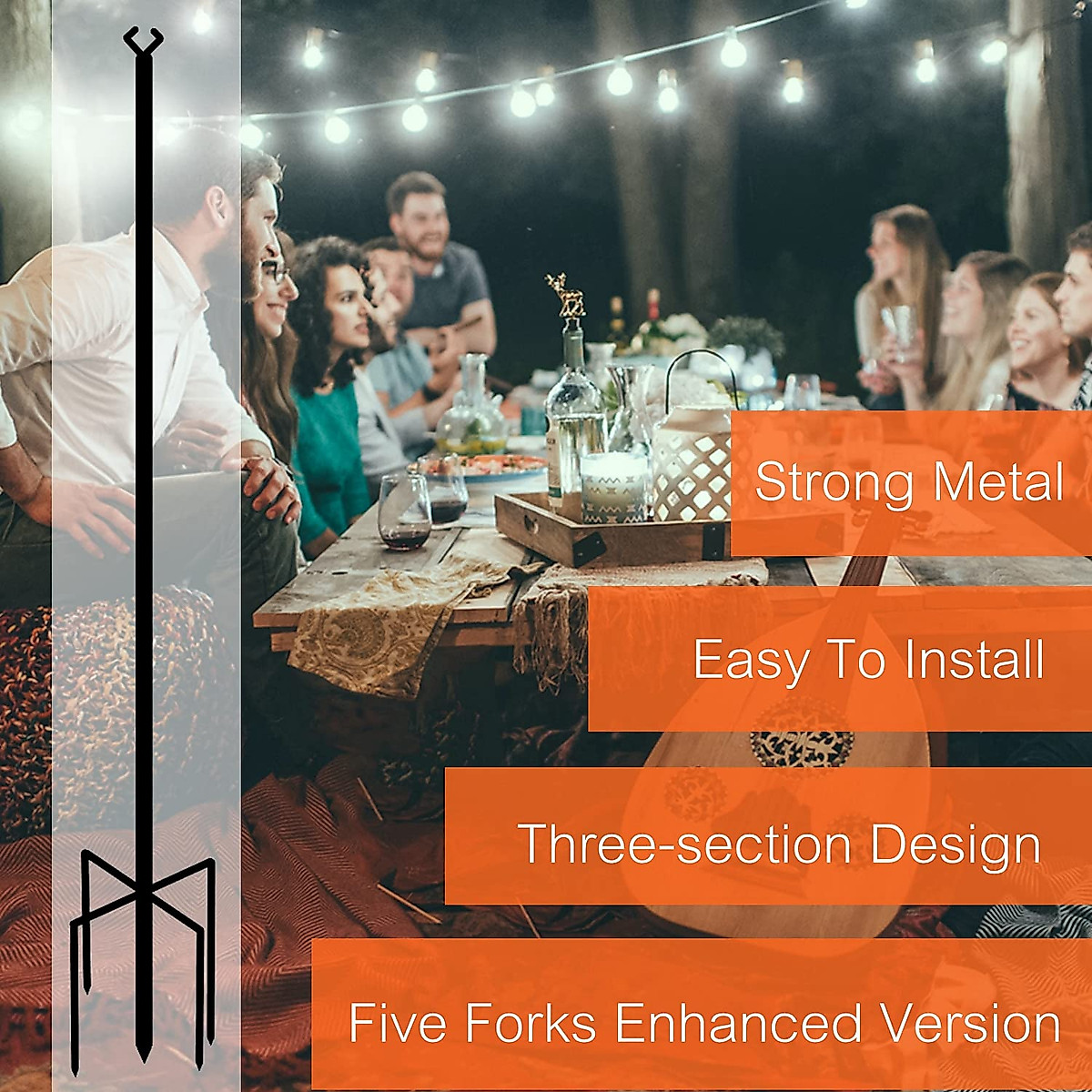 String Light Poles Outdoor with 5 Prong Fork Holiday Steel Light Pole Patio Lights Pole Garden Backyard Birthday for Parties Cafe Patio Wedding Party Terrace Decoration (Steel Pole - 1 Pack)