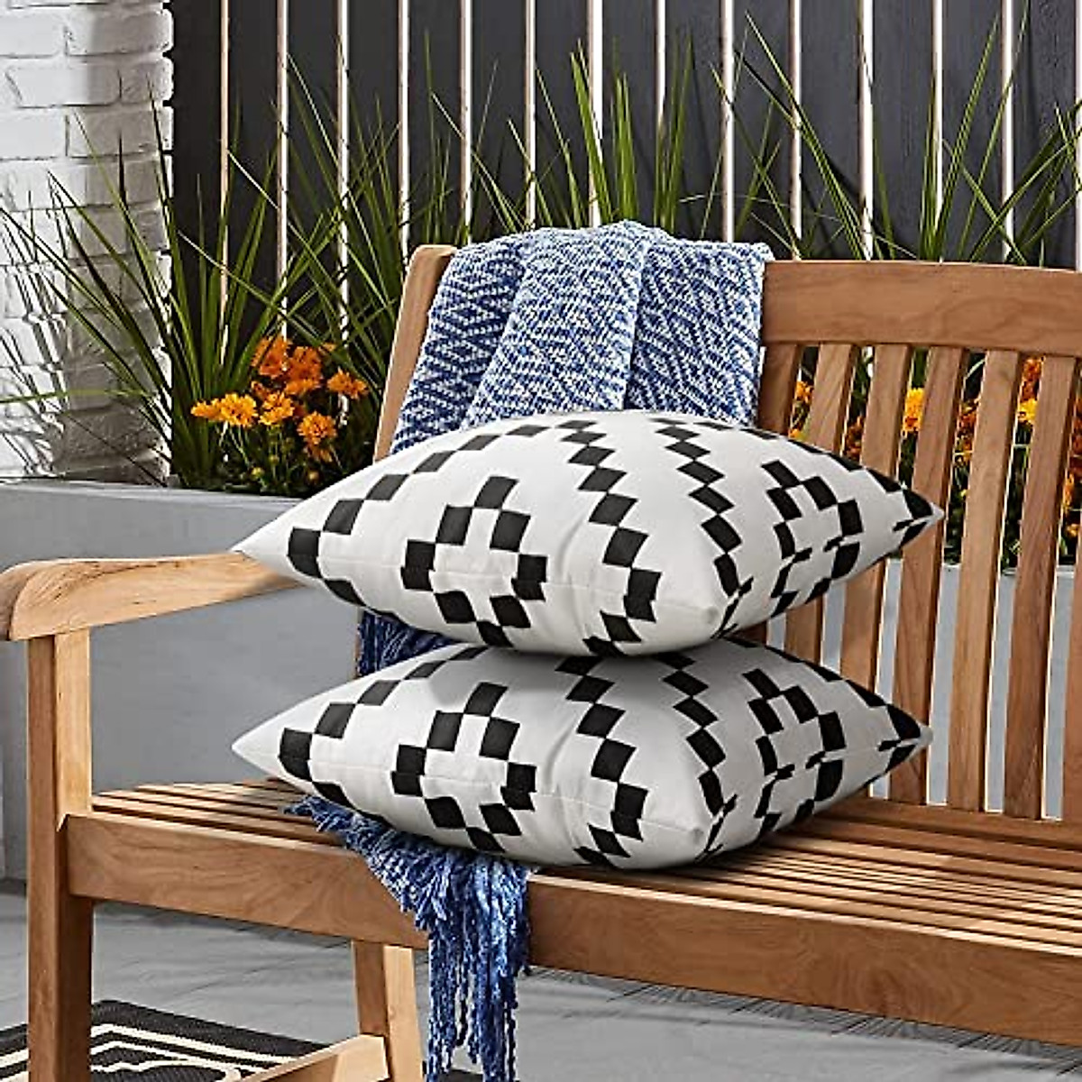 JASEN Outdoor Waterproof Boho Throw Pillow Covers, Black and White Geometric Decorative Pillow Cases for Patio Garden, Set of 2 18X18