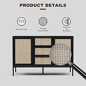 IKIFLY Rattan Sideboard Buffet Cabinet, Boho Rattan Storage Cabinet with 3 Drawers and 2 Doors, Accent Console Table Cabinet for Living Room, Kitchen, Dining Room, Entryway - Black