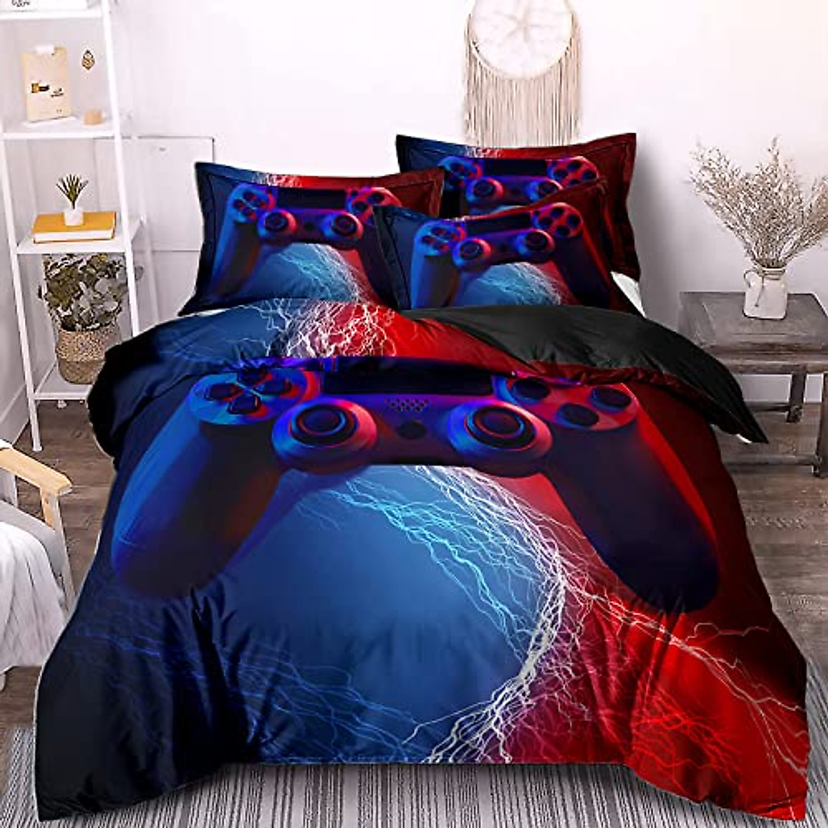 Gamer Duvet Cover Set Queen, 3 Pieces Blue and Red Gaming Bedding Set for Boys Kids, Video Games Comforter Cover Set with Zipper Closure, Soft Microfiber Duvet Cover Set Queen 90"x90"(Not Comforter)