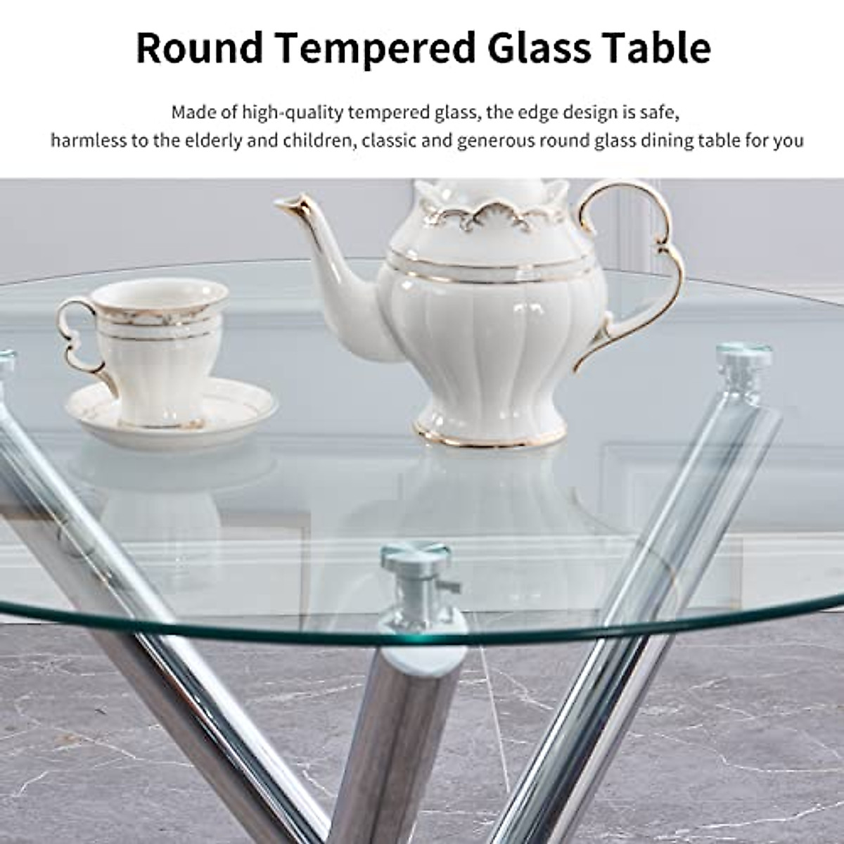 ROOIOME Round Glass Dining Table Set 3 Pieces Dining Table Chair Set for Home Kitchen Round Tripod Chrome Legs Table with 2 PU Chairs, Contemporary Dining Room Furniture Set for Small Space