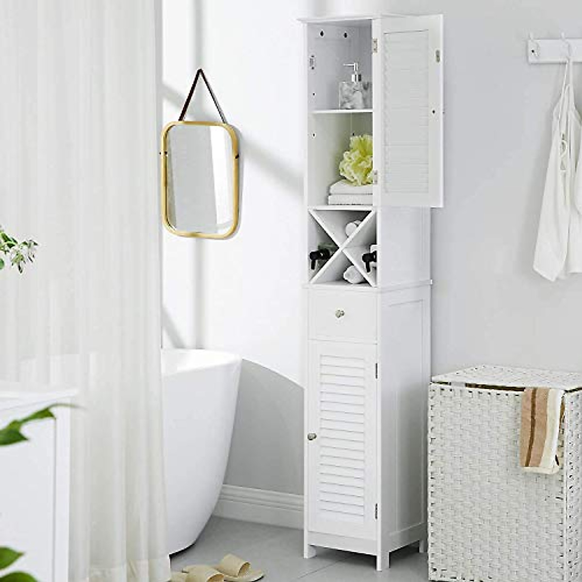 VASAGLE Bathroom Tall Cabinet, Freestanding Storage Cabinet with Shutter Doors, Drawer, and Removable X-Shaped Stand, 11.8 x 12.6 x 66.9 Inches, Scandinavian Style, White UBBC69WT