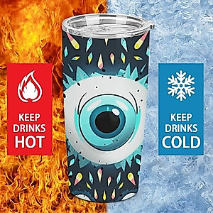 FHENMSA Stainless Steel Insulated Travel Coffee Mug,Evil Eyes Print Reusable Car Cup,Thermal Cup for Outdoor with Straw And Lid