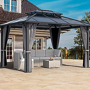 HAPPATIO 10'x 12' Hardtop Gazebo, Outdoor Polycarbonate Double Roof, Aluminum Furniture Gazebo Canopy with Netting and Curtains for Garden, Patio,Deck (Gray)