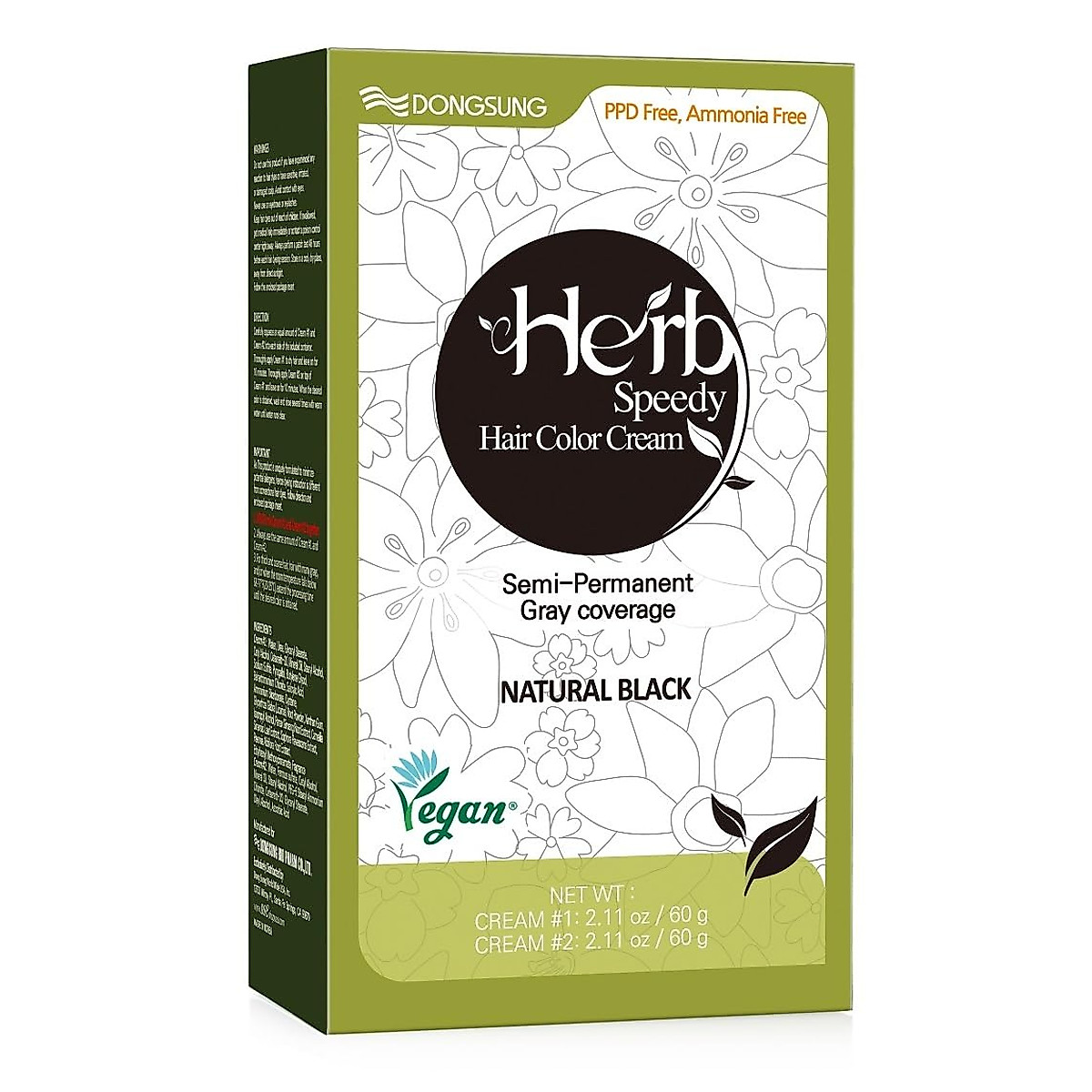 DONGSUNG Herb Speedy Color Cream (Natural Black, 1 Pack), PPD-Free Ammonia-Free Vegan Hair Dye with Sun Protection, Odorless, Gentle for Sensitive Scalp, No Eye or Scalp Irritation