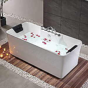 Empava 59-Inch Freestanding Whirlpool Bathtub Rectangular with 8 Hydromassage Adjustable Water Jets Luxury Acrylic Massage SPA Soaking Bath Tub Double Ended , White