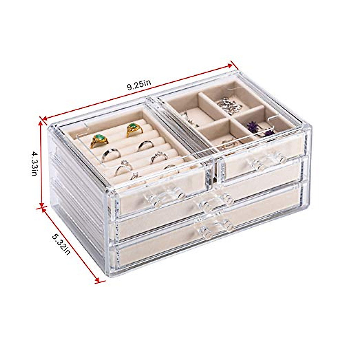 Acrylic Jewelry Box with 4 Drawers, Clear Velvet Jewellry Organizer Case, Earring Rings Necklaces Bangle Bracelets Display Storage Holder, Gift for Women, Girls