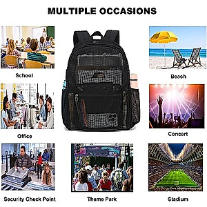 Fuyicat Black Mesh Backpack for Girls, Semi-Transparent School Bookbag See Through Beach Bags for Kids Women