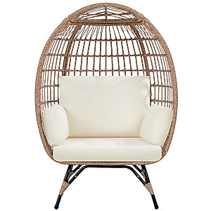 Yaheetech Egg Rattan Chair, Indoor/Outdoor PE Rattan Egg Basket Lounge Chair w/ 4 Cushions, Oversized Egg-Shaped Chair w/Metal Frame Stand for Patio, Backyard, Living Room - Light Brown/Ivory