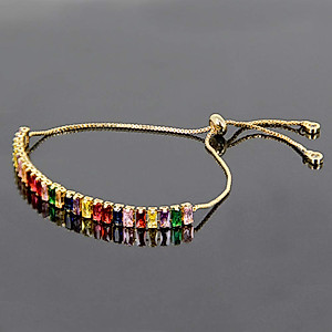 by You Women Fashion Cubic Zirconia Charm Tennis Adjustable Pull String Bracelet Gold Silver Color (Multi Rectangle 5mm - Gold)