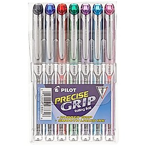 PILOT Precise Grip Liquid Ink Rolling Ball Stick Pens, Extra Fine Point, Assorted Color Inks, 7-Pack Pouch (28864)
