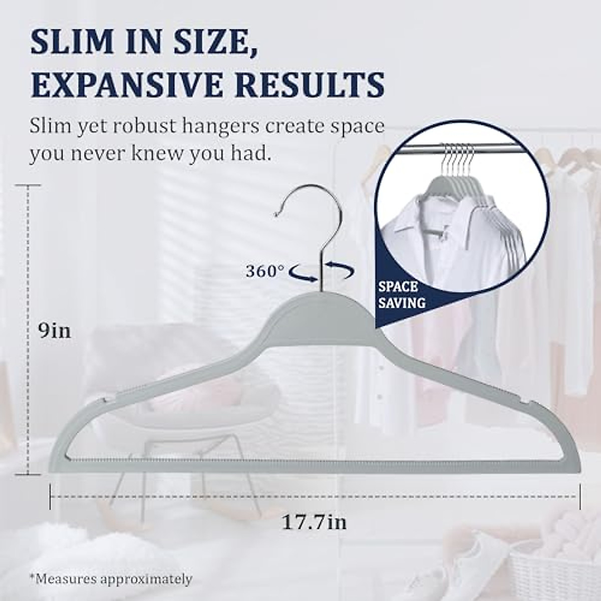 Heavy Duty Plastic Hangers, 50 Pack Rubber Coating Non Slip Coat Hangers with Shoulder Grooves, Suit Hangers with 360° Swivel Hook, Space Saving Organizer for Bedroom Closet, Gray