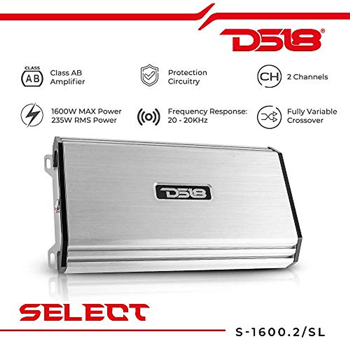 DS18 S-1600.2/SL Car Audio Amplifier – 2 Channel, Full Range, Class AB, 1600 Watts (Silver)