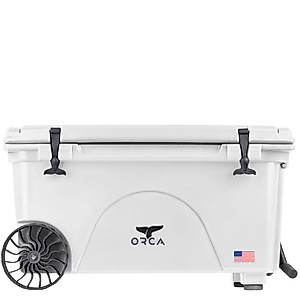 ORCA 65-Quart Insulated Rolling Cooler with Wheels and Pull Handle, White, Rugged, Sturdy for Beach, Camping, Fishing, Travel, Road Trip, Hunting